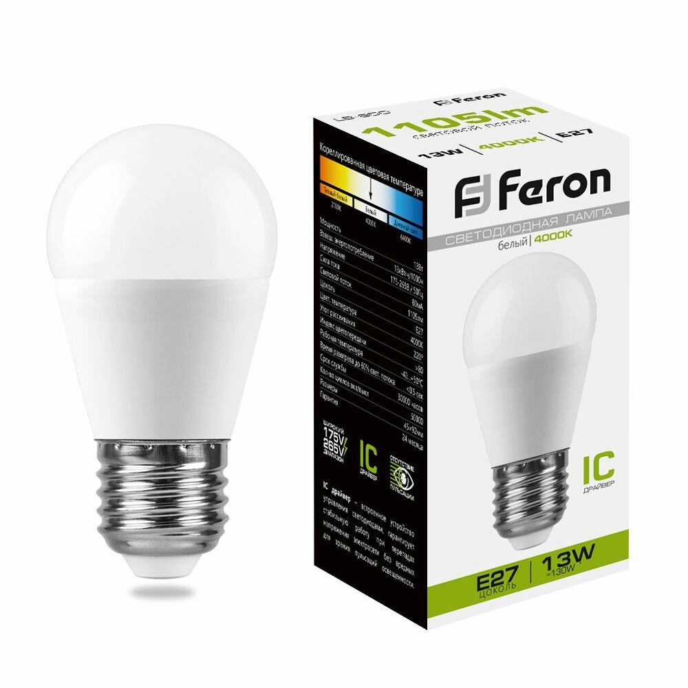 Лампа светодиодная E27 13W 4000K белый свет, упак. 10 шт. Feron 38105