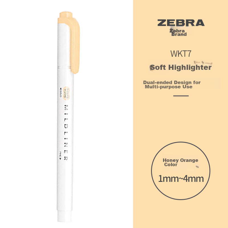ZEBRA Double-Ended Soft Highlighter, Mildliner Series Single Color Marking Pen, Student Marker, WKT7, Soft Orange