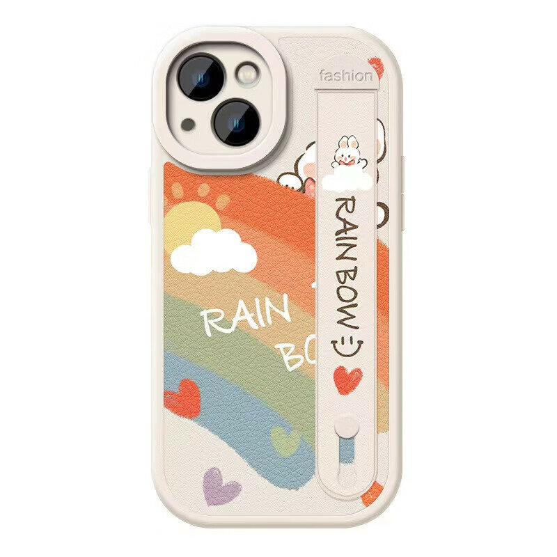 ZiTai Apple 16Pro Phone Case iPhone 16Pro Protective Cover Wrist Strap Stand Two-in-One Full Protection Anti-drop Personality Soft Shell [Rainbow Wrist Strap] White