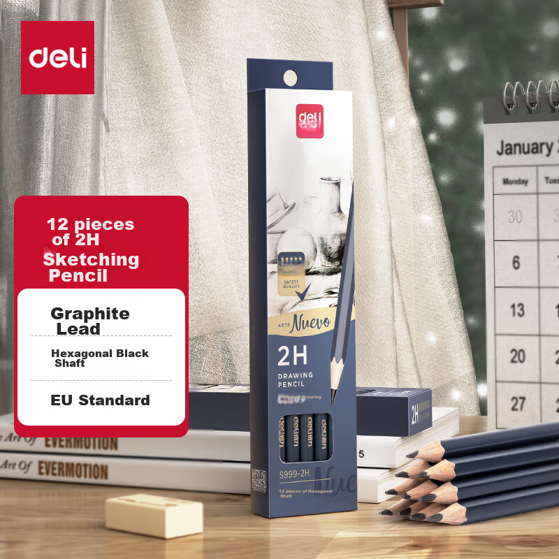 Deli Premium Art Drawing 2H Pencil, Student Sketching Pencil for Drawing, Doodling, Exams, 12 Pencils/box, S999-2H [New Year Gift]