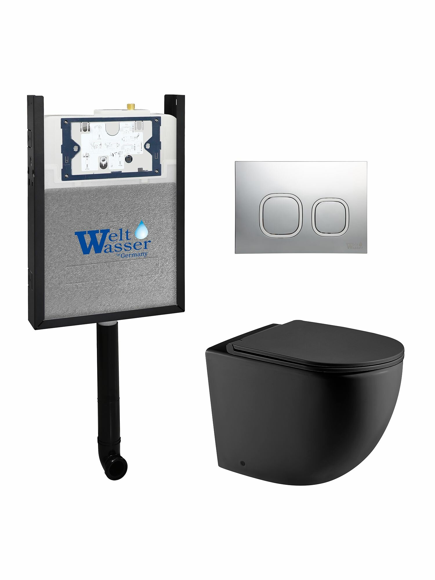 Комплект 6 в 1 WeltWasser: напольный унитаз MERZBACH 002 MT-BL черный матовый+кнопка смыва AMBERG RD-CR хром+инсталляция AMBERG 404