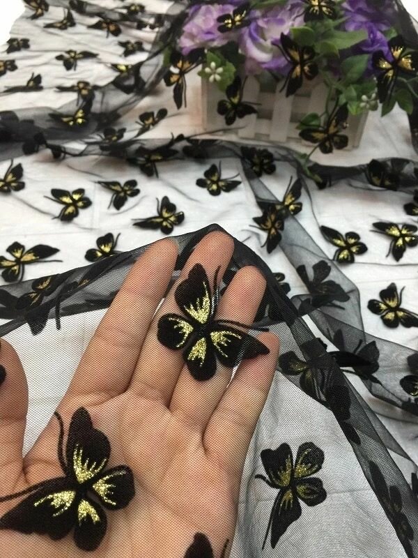 Ткань для шитья 1м фатин с бабочками