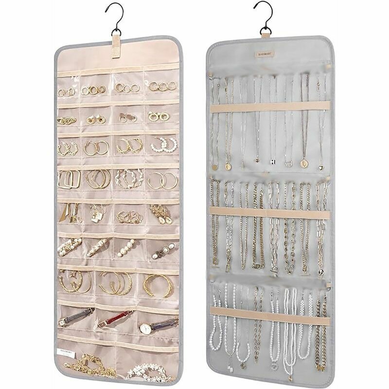 Органайзер подвесной для украшений, рулон для хранения с вешалкой, металлические крючки, ожерелий, колец на шкаф, стену, двусторонний на 84 ячеек
