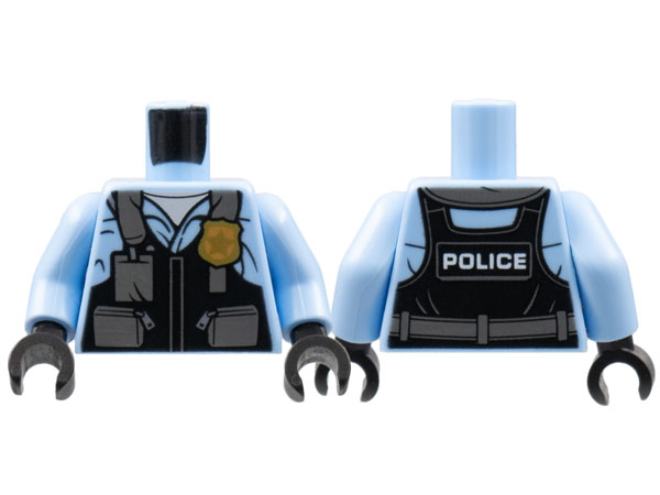 Torso Police Black Pilot Safety Vest with Police Badge and Dark Bluish Gray Pockets Pattern / Bright Light Blue Arms / Black Hands, 973pb3376c01 Bright Light Blue U