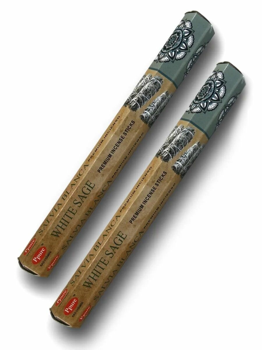 Ppure Белый Шалфей - 2 упаковки по 20 шт, благовония для медитаций, духовных практик и йоги, White Sage - Hexa - ароматические палочки