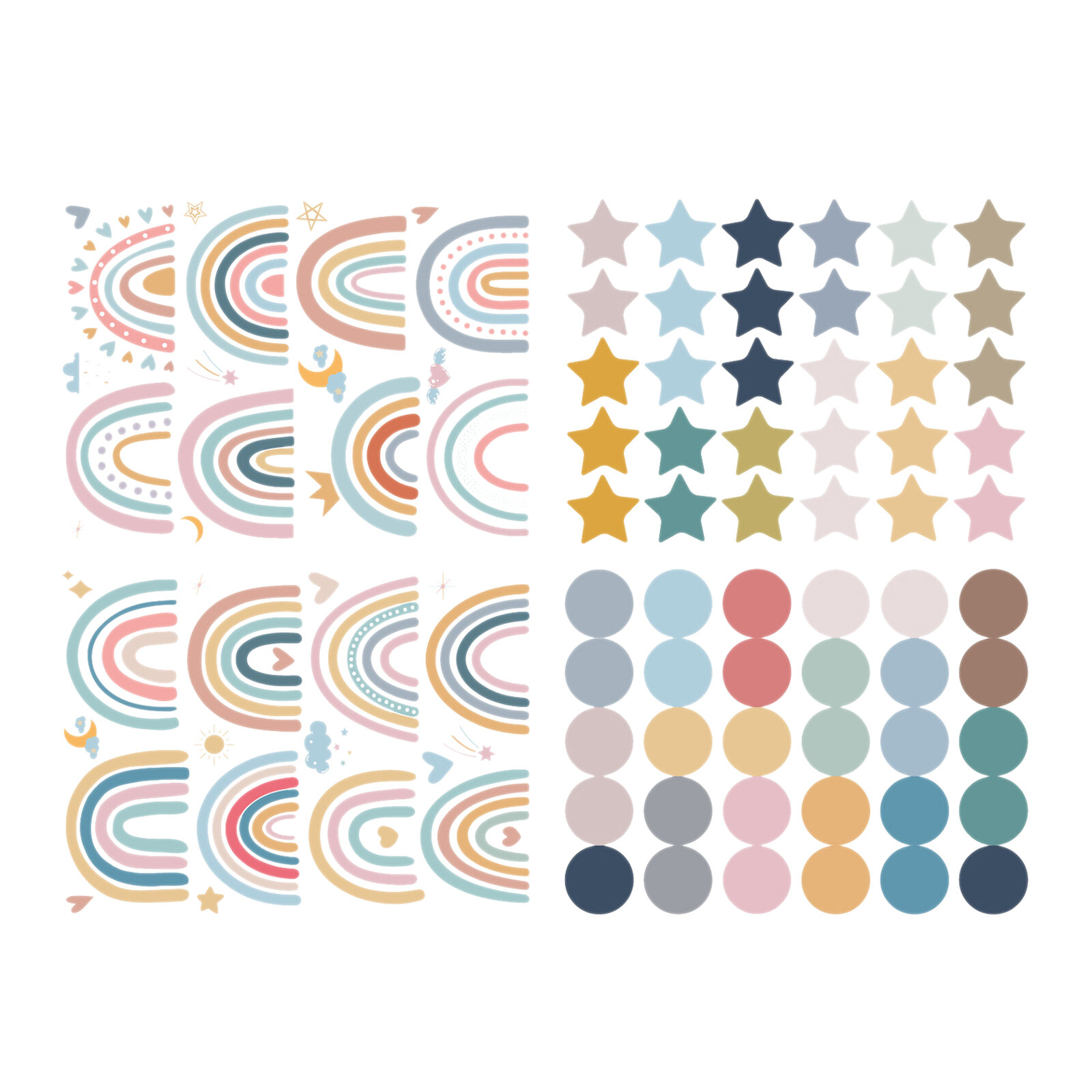 4 листа милых наклеек на стену в стиле «радужные точки и звезды» для детской комнаты мальчика. Съемные виниловые наклейки для украшения дома, детского сада или яслей.