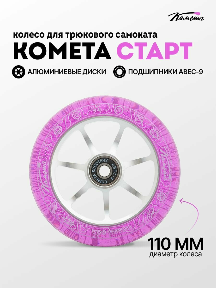 Колесо для трюкового самоката Комета 110мм Старт (Фиолетовый с блёстками / Серый)
