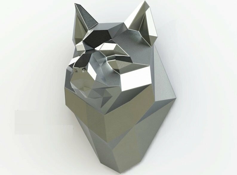 Полигональная фигура голова Волка, бюст, геометрический полигональный металлический декор интерьера