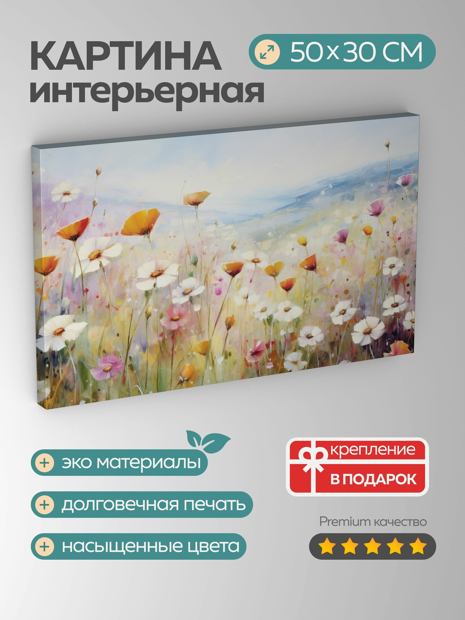 Картина на холсте интерьерная 50х30 см, поле, цветущие цветы, лепестки, ветерок, солнечный свет, нежная поверхность