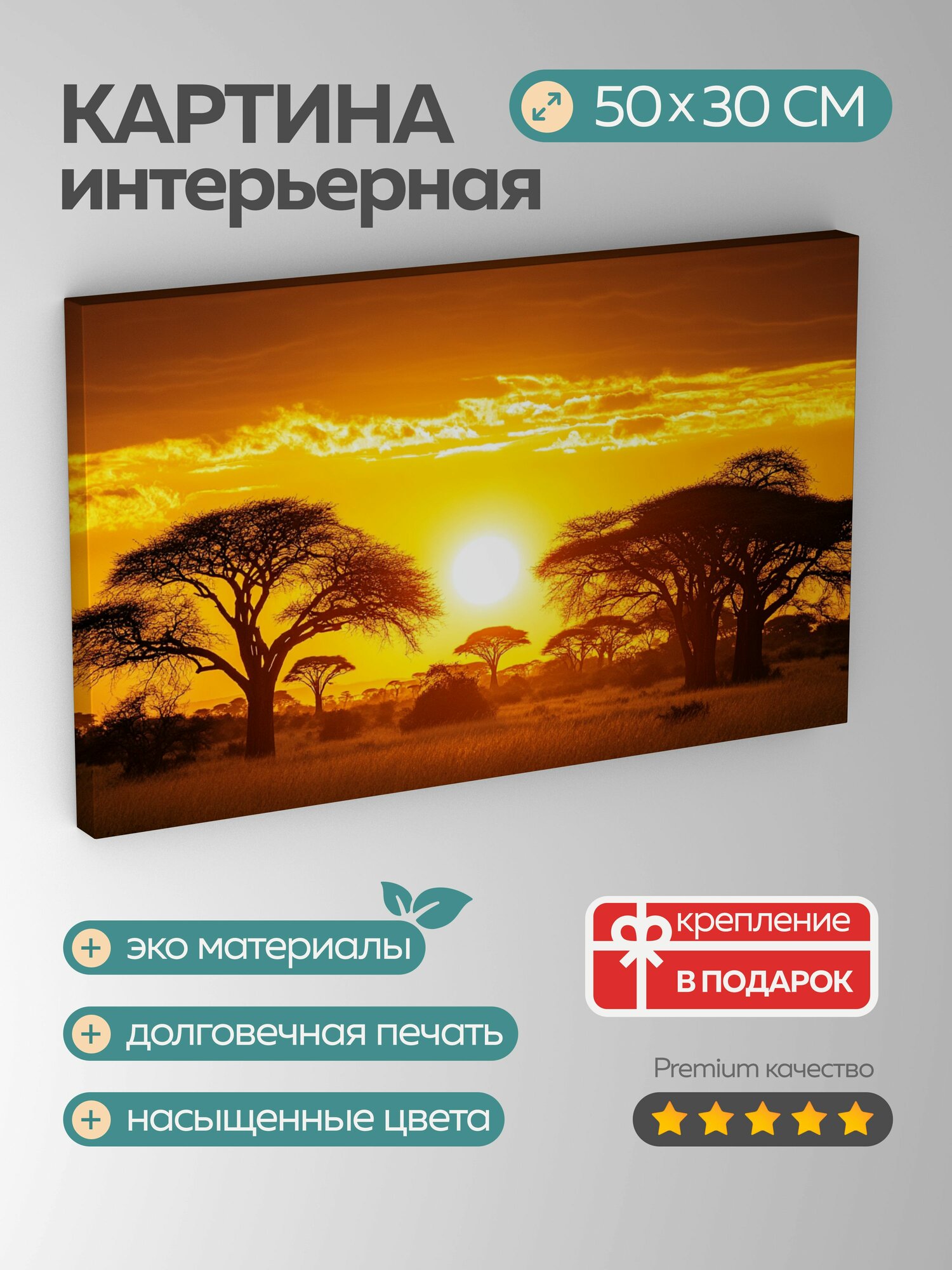 Картина на холсте интерьерная 50х30 см, африканский закат, солнце, саванна, баобабы, величие, Sony FE 24-70mm f, 2.8 GM