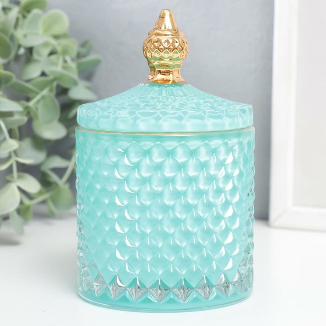 Шкатулка для украшений «Ромбы и купол», стекло, голубой с золотом, 14×8.2×8.2 см