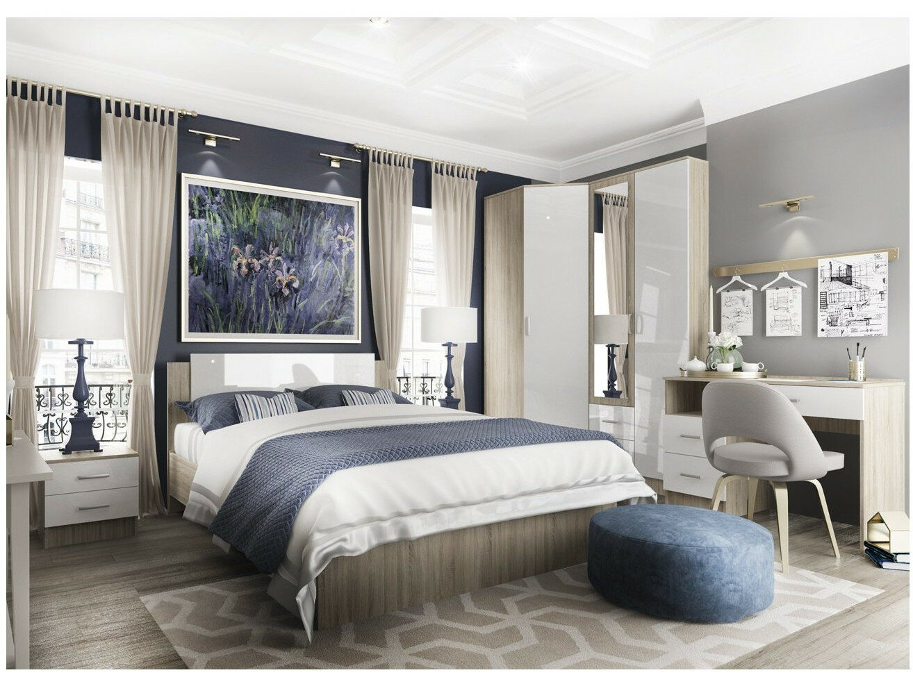 Модульная спальня, из ЛДСП, композиция 1 (Белый глянец/Дуб Сонома)