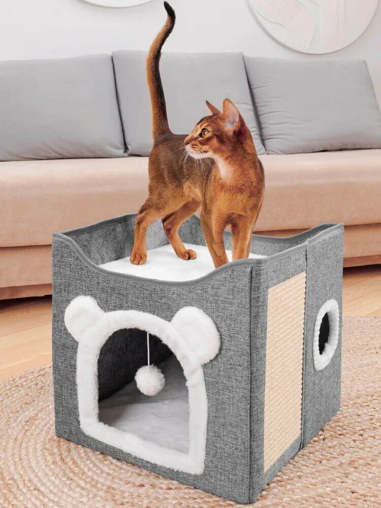 Домик с когтеточкой для кошек, серый, крепление гамака на петлях