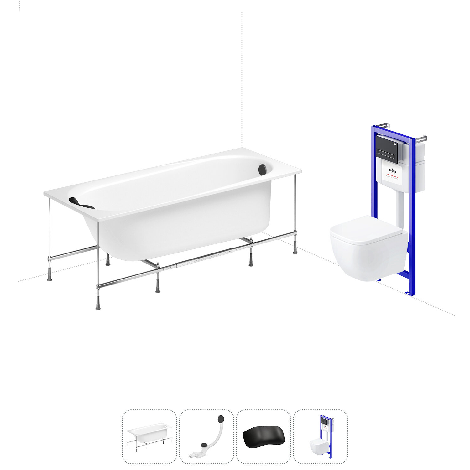 Акриловая ванна 150x70 с каркасом Lavinia Boho Biore 20221067R в наборе 5 в 1: ванна, ножки, слив-перелив, подголовник, унитаз в комплекте