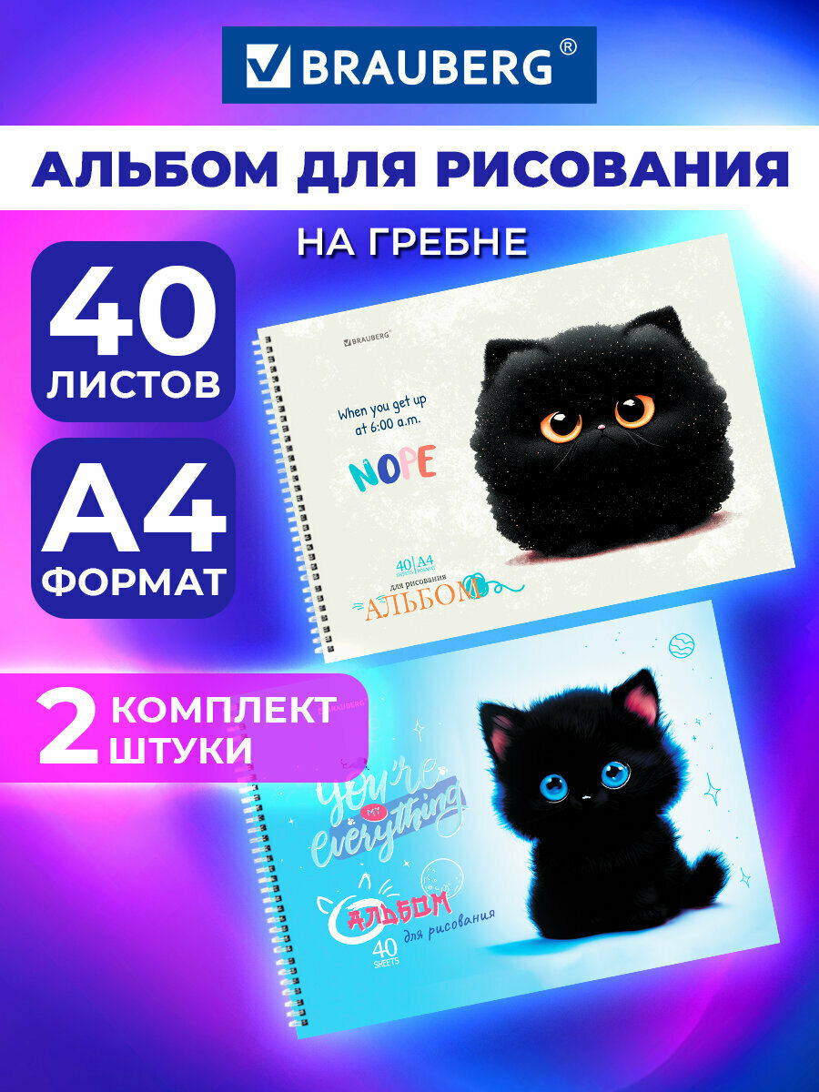 Альбом для рисования в школу А4 40 листов на спирали, набор 2 штуки, обложка картон, Brauberg Котики