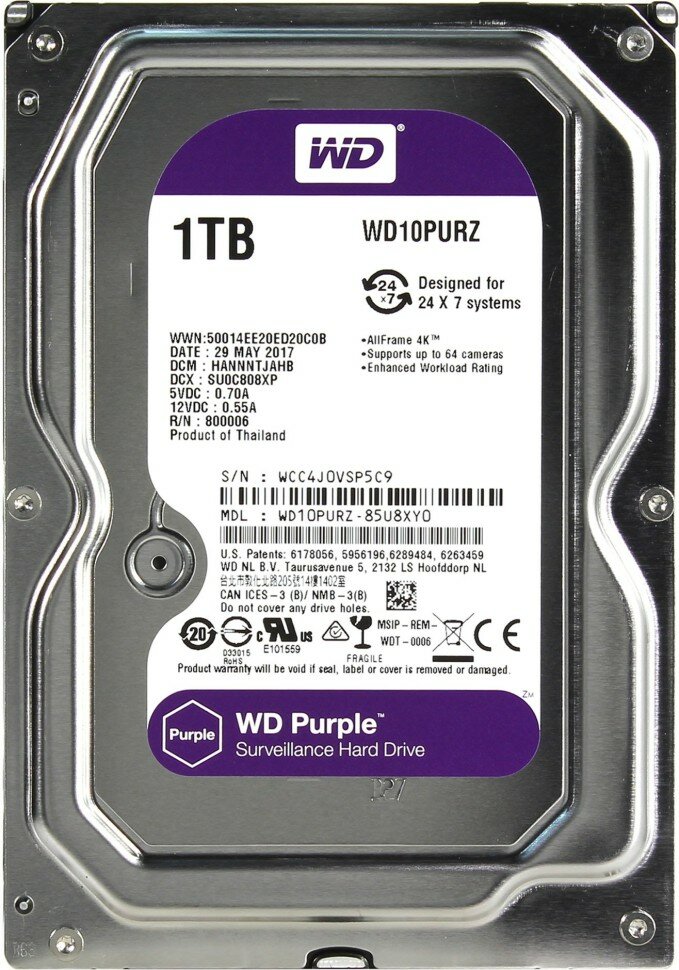 HDD 3.5" 1.0TB IntelliPower SATA3 64MB WD Purple (WD10PURZ) 24/7, для систем наблюдения (до 64 камер), AllFrame 4K уменьшает потери кадров