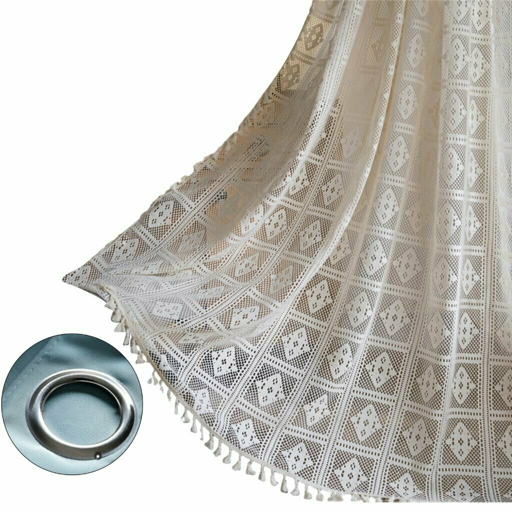 Бежевая занавеска, ажурные вязаные крючком кружевные шторы с кисточками и карманом, полупрозрачные богемные для спальни, гостиной
