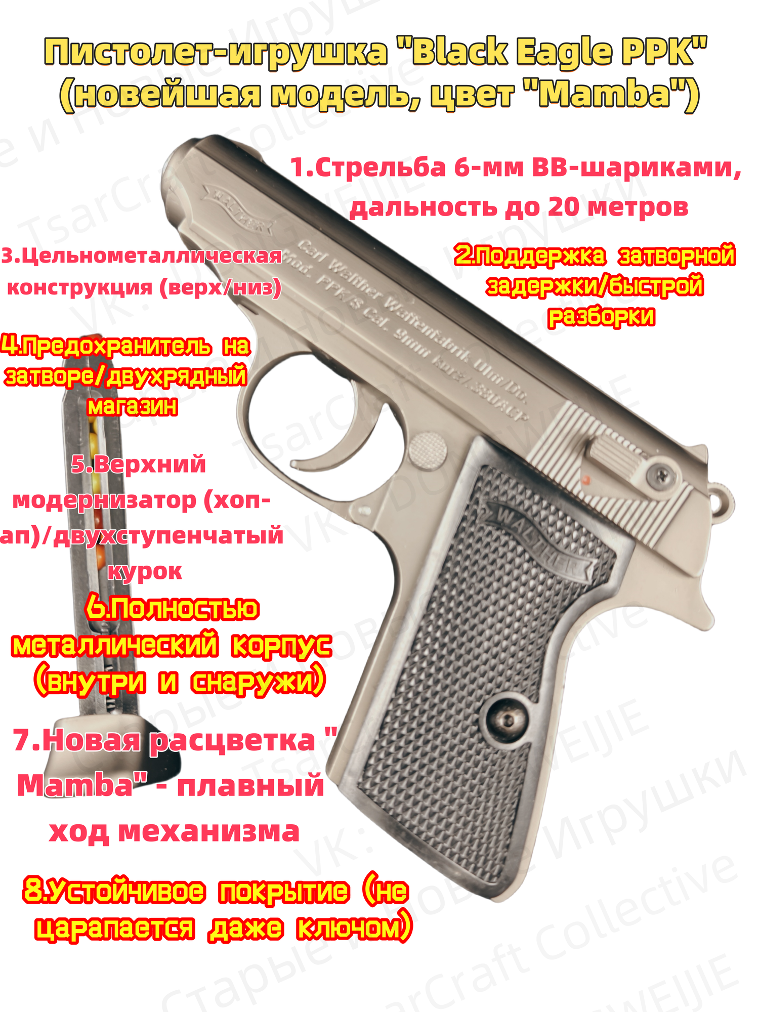 Игрушечная модель 6мм BB пистолета Black Hawk PPK (полный металл/двухэтапный курок/хоп-ап/двойной магазин)