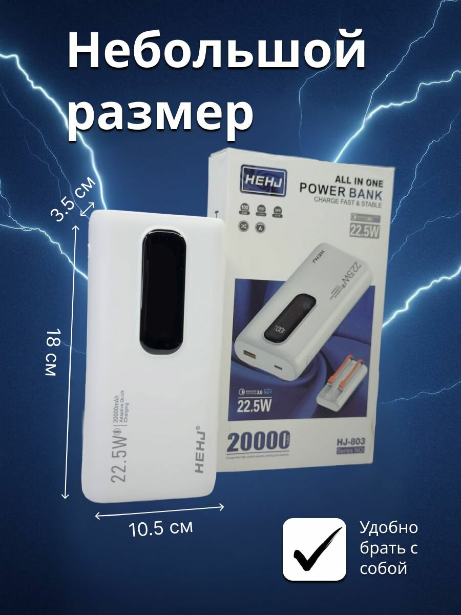 Внешний аккумулятор, Power Bank, 20000mAh, быстрая зарядка QC 3.0, 2 кабеля, дисплей, белый