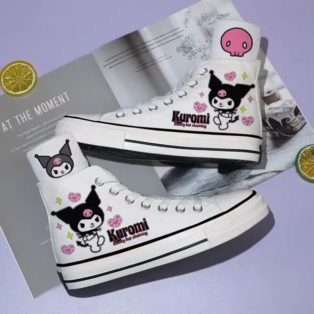 Кроссовки Sanrio Kawaii Kuromi Canvas Shoes с рисунком из аниме, милые, модные, изысканные, универсальные, для отдыха, для студентов и девушек, чёрные, высокие кроссовки