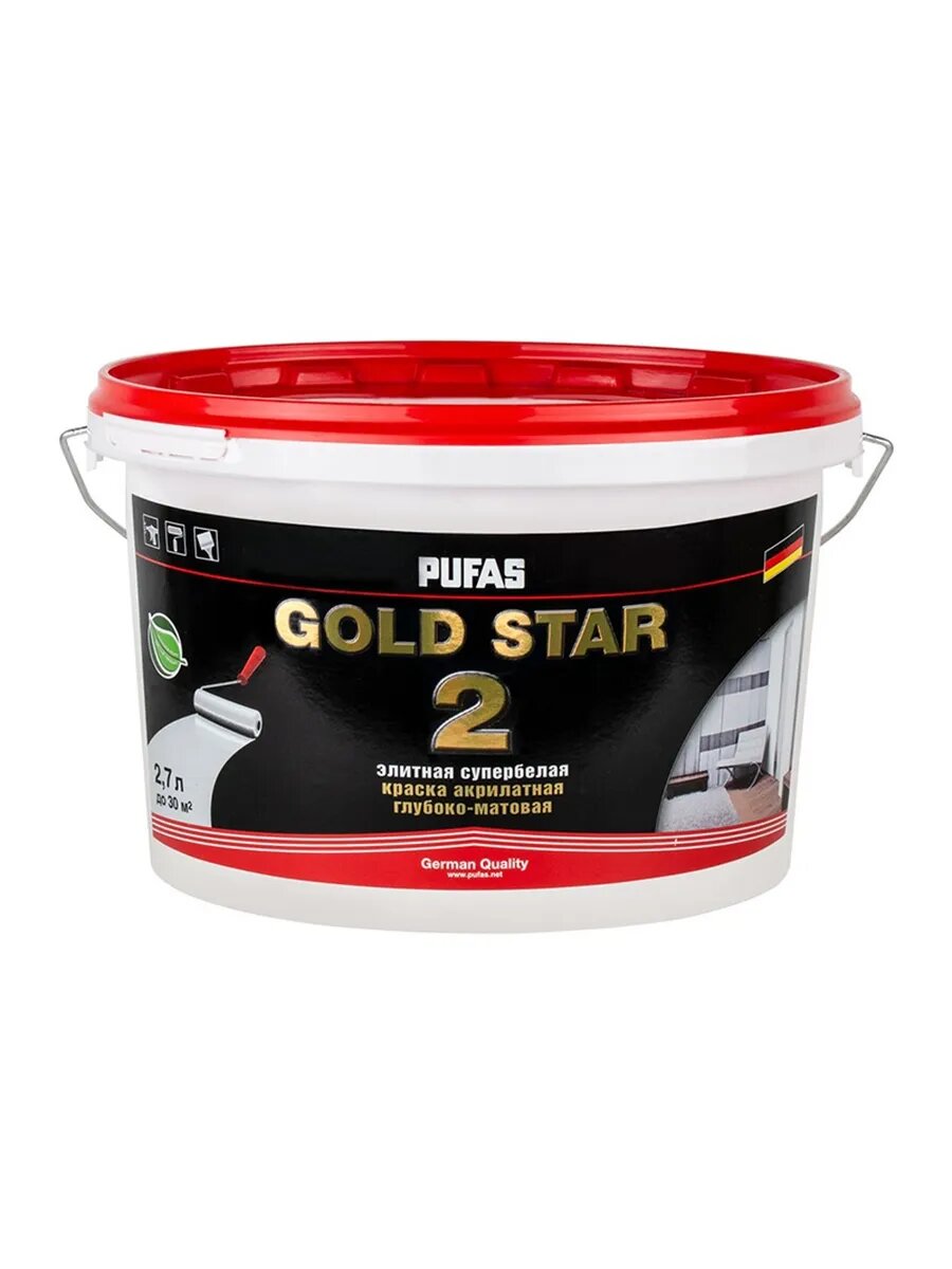 Краска Pufas "Gold Star", вододисперсионная, акрилатная, латексная, белая, 2,7л