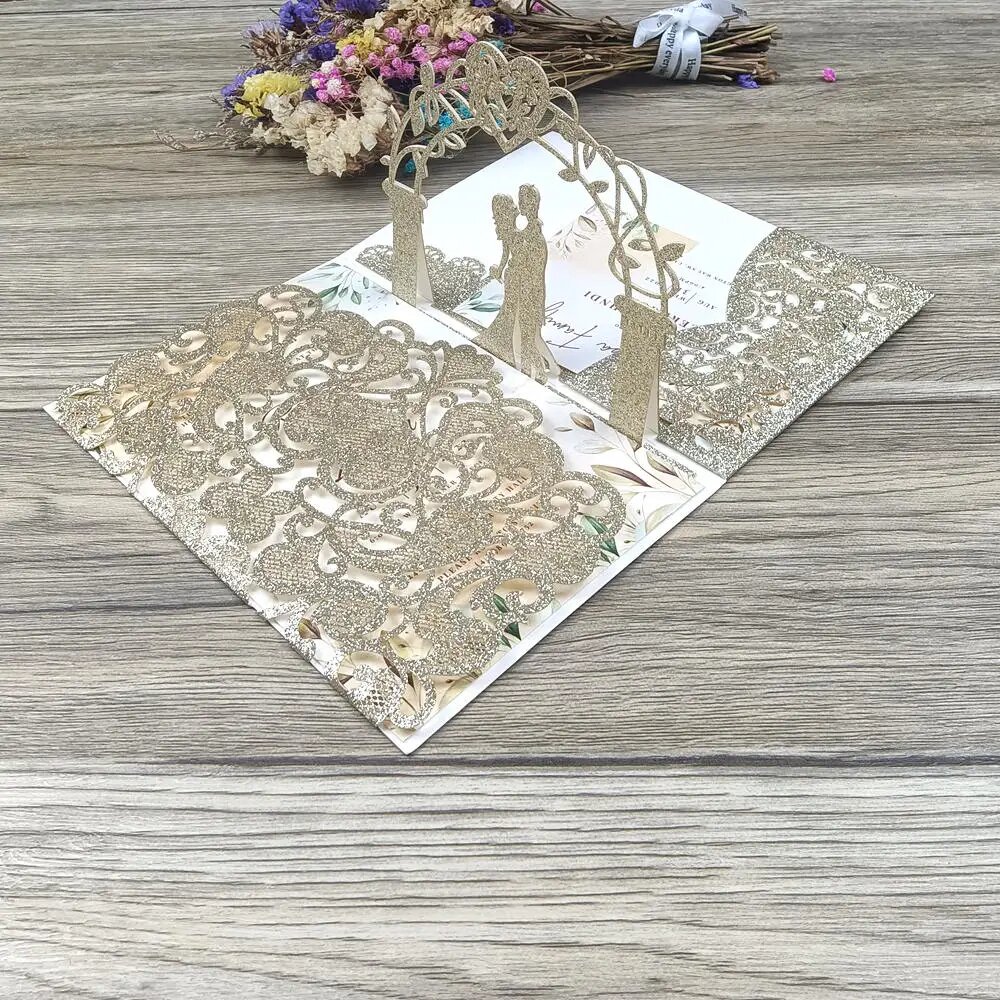 Золотисто-серая 3D POP UP свадебная пригласительная открытка Синий, blank set, A3 champange glitter