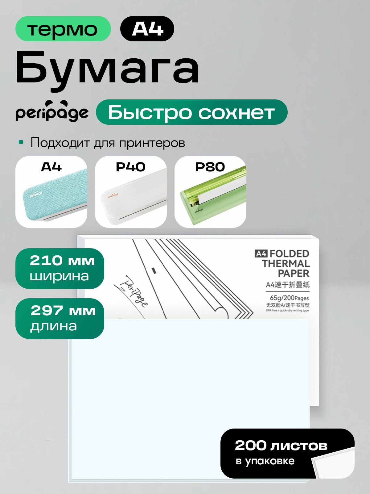 Бумага для термопринтера PeriPage A4 Quick Dry, 200 листов, 65 гр, быстросохнущая термобумага для принтера, складная, размер 210 х 297 мм