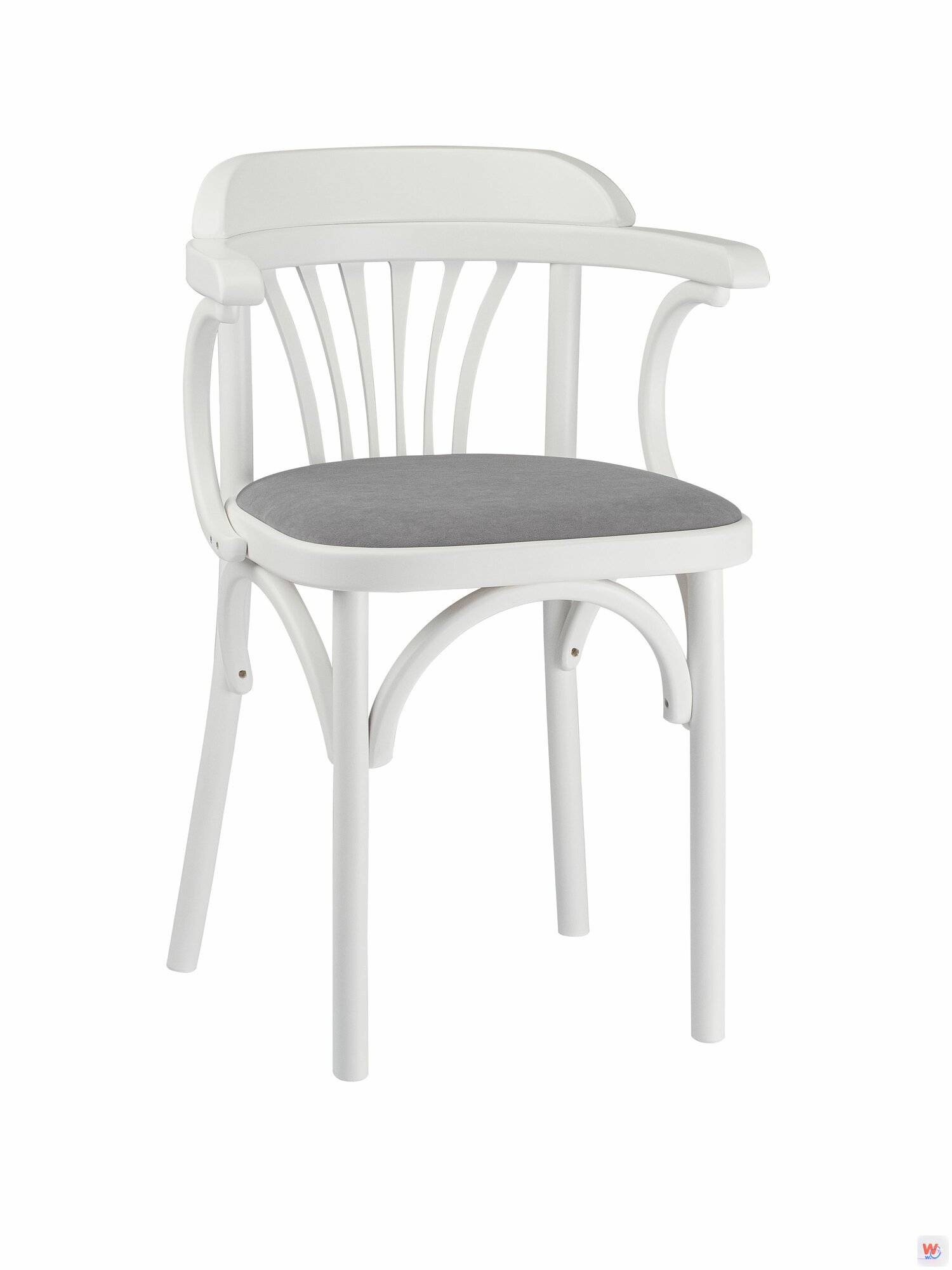 Стул для кухни деревянный Венский белый с подлокотниками, с мягким сиденьем, серая ткань