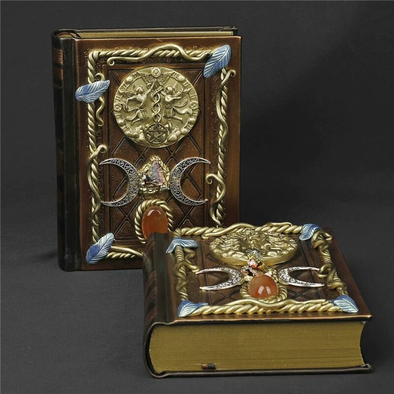 Кожаный гримуар ручной работы, 17.5*13.5*4см, Агат, Горный хрусталь, висмутовая руда, синий, коричнево-красный