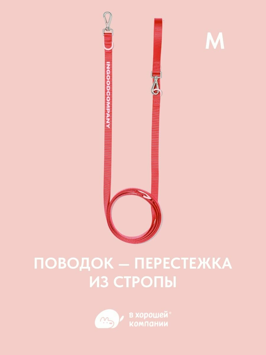 Поводок регулируемый для собак средних и крупных пород, перестежка из стропы IN GOOD COMPANY (М / 3м /Настоящий красный)