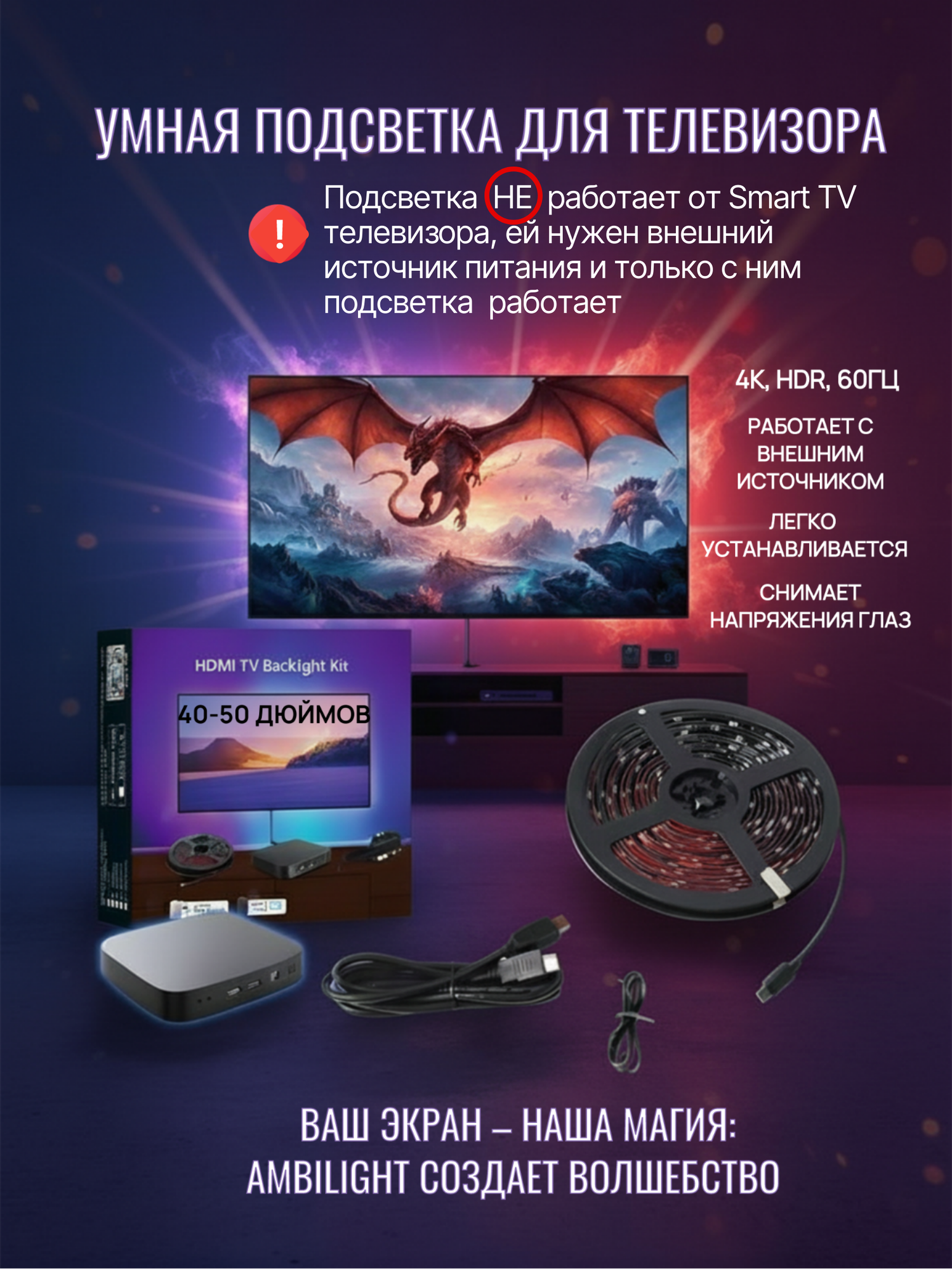Умная светодиодная подсветка Ambilight для телевизора 40-50 дюймов. Длина 2,8м.
