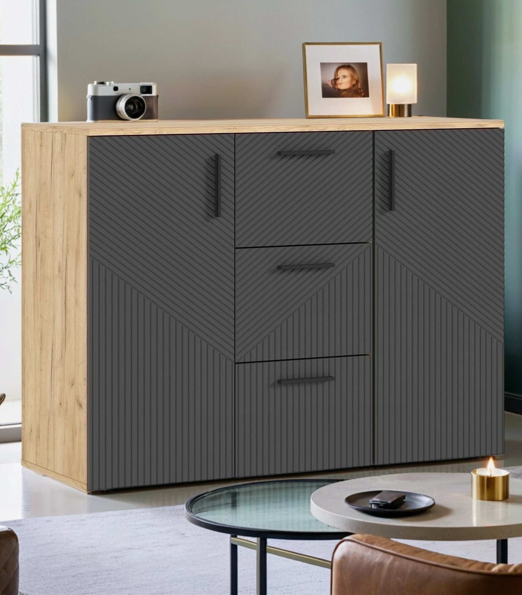 Сильвия Комод 3 ящика 2 двери (1200) (Браш Графит, Дуб Крафт)