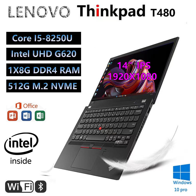 ноутбук 14" LENOVO Thinkpad T480 ( Intel CORE i5-8250U CPU+1X8GB RAM+512G M.2 NVME SSD+INTEL UHD Graphics 620 Видеокарта ; 1920X1080 IPS ) Win 10 pro