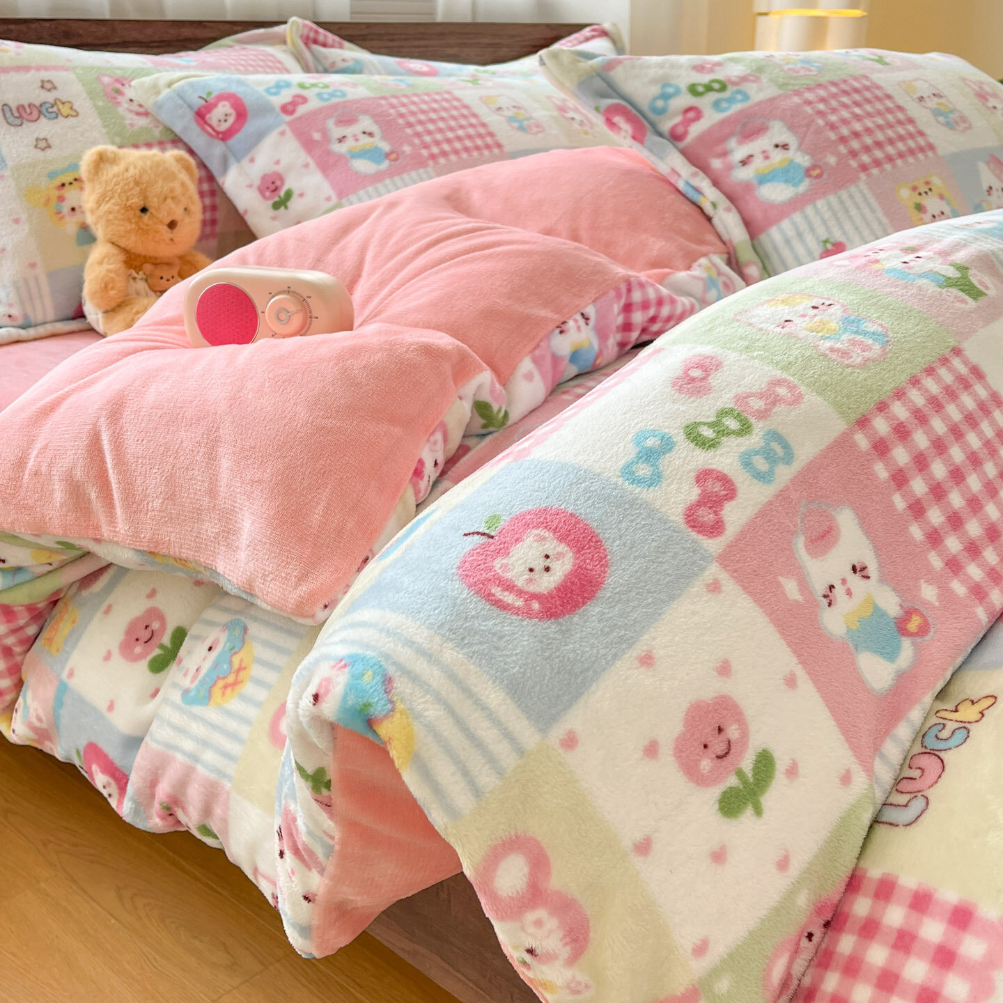 Зимний комплект постельного белья из флиса кораллового цвета из четырех предметов (класс А, пододеяльник из молочного флиса, утолщенное фланелевое постельное белье, простыни и пододеяльники на флисовой подкладке),150*200cm