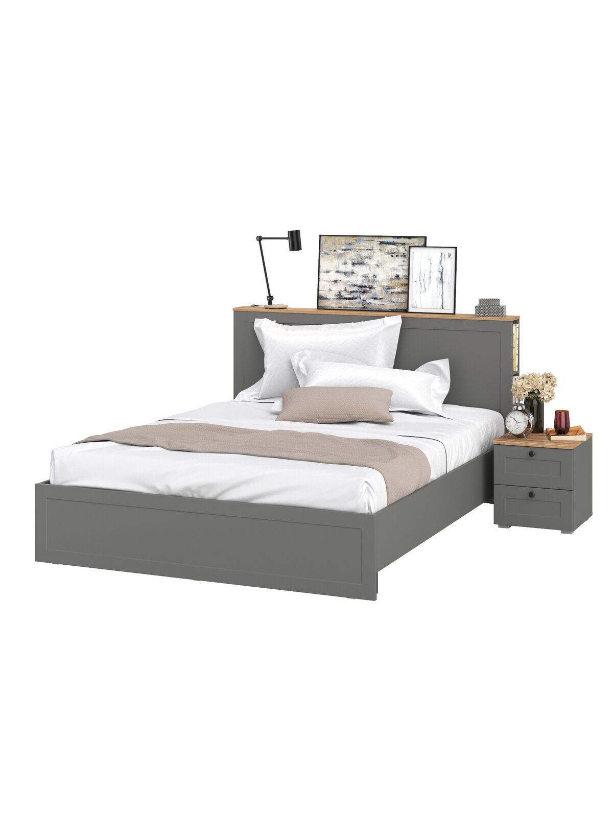 Кровать с ортопедическим основанием и прикроватная тумба Остин, серый графит/дуб крафт золотой