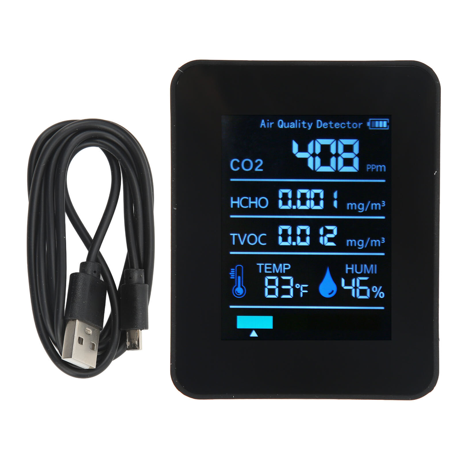 Детектор качества воздуха 5 в 1: измерение CO₂, TVOC, формальдегида (HCHO), температуры и влажности в реальном времени. Портативный измеритель углекислого газа, черный цвет.