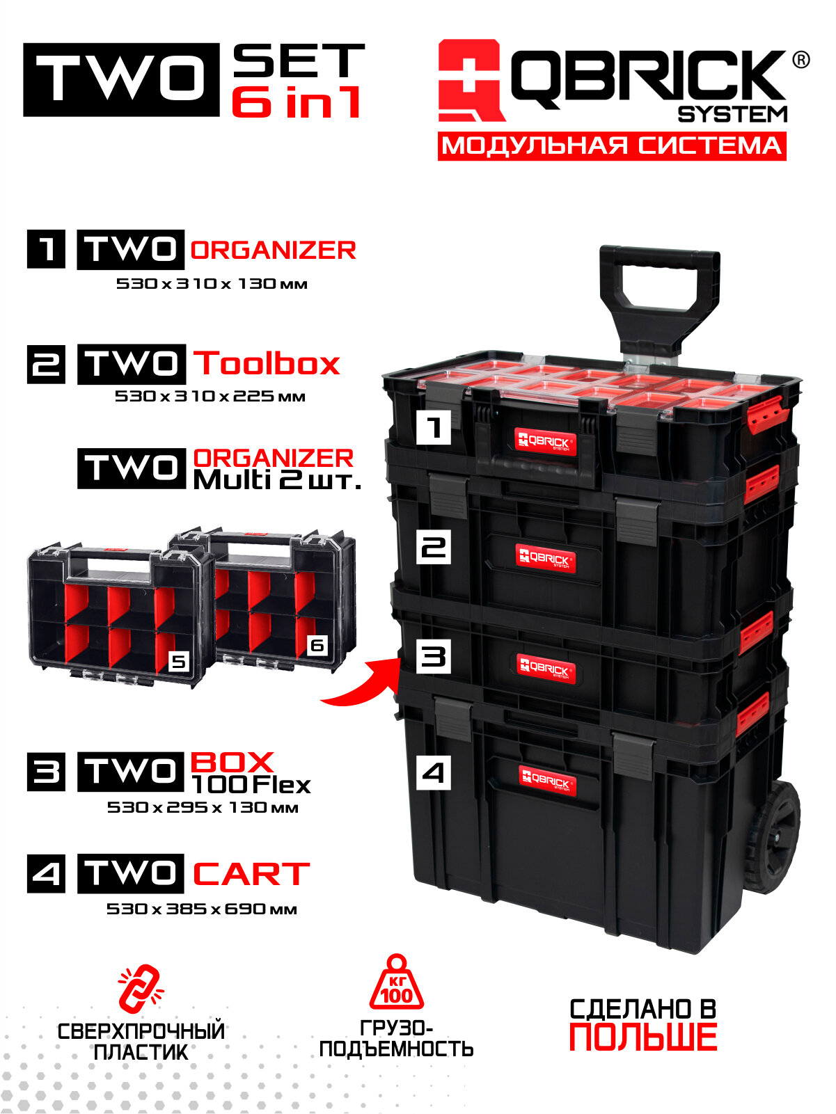 Набор ящиков для инструментов QBRICK System TWO 6 в 1 (6in1) комплект на колесах