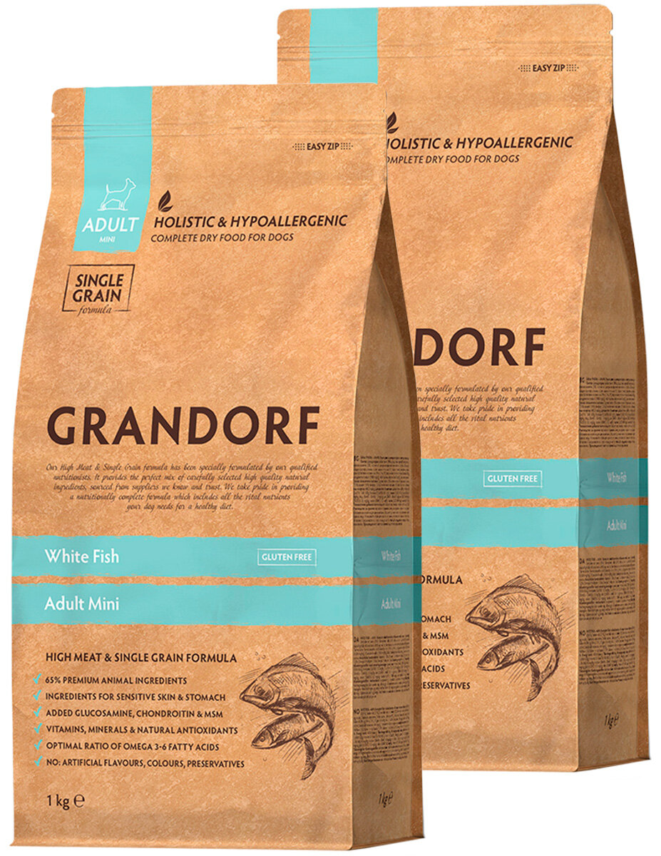 Корм сухой Grandorf Single Grain Dog Adult Mini White Fish низкозерновой для взрослых собак маленьких пород с белой рыбой, 1 кг х 2 шт