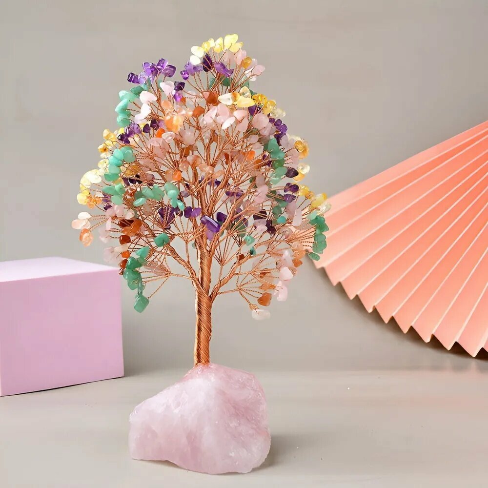 Натуральное хрустальное гравийное дерево, основание из розового хрусталя, дерево из медной проволоки, украшение домашнего офиса, высота 23 см