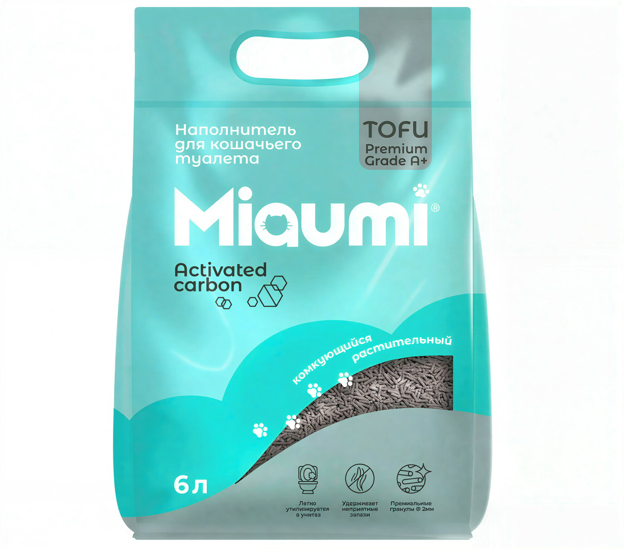 Наполнитель комкующийся Miaumi Tofu Activated Carbon Unscented с активированным углем,6 л