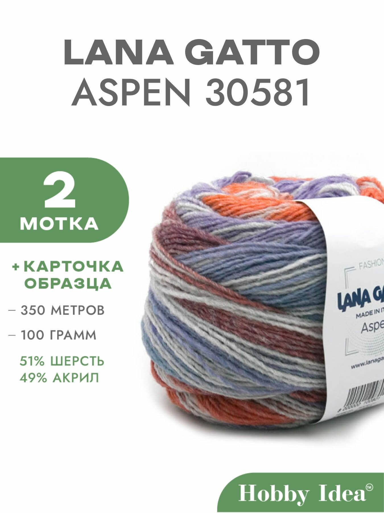 Пряжа Lana Gatto Aspen 30581 Лилово-оранжевый 2 мотка (Нить слабой крутки меланжевая Лана Гатто Аспен)