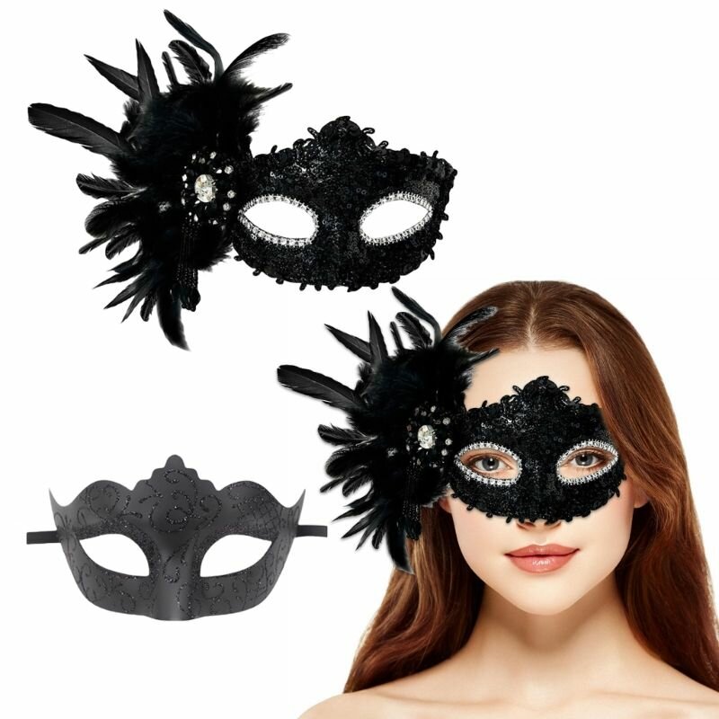 Набор из 2 частей, маска для выпускного вечера с перьями пары на Хэллоуин-черный