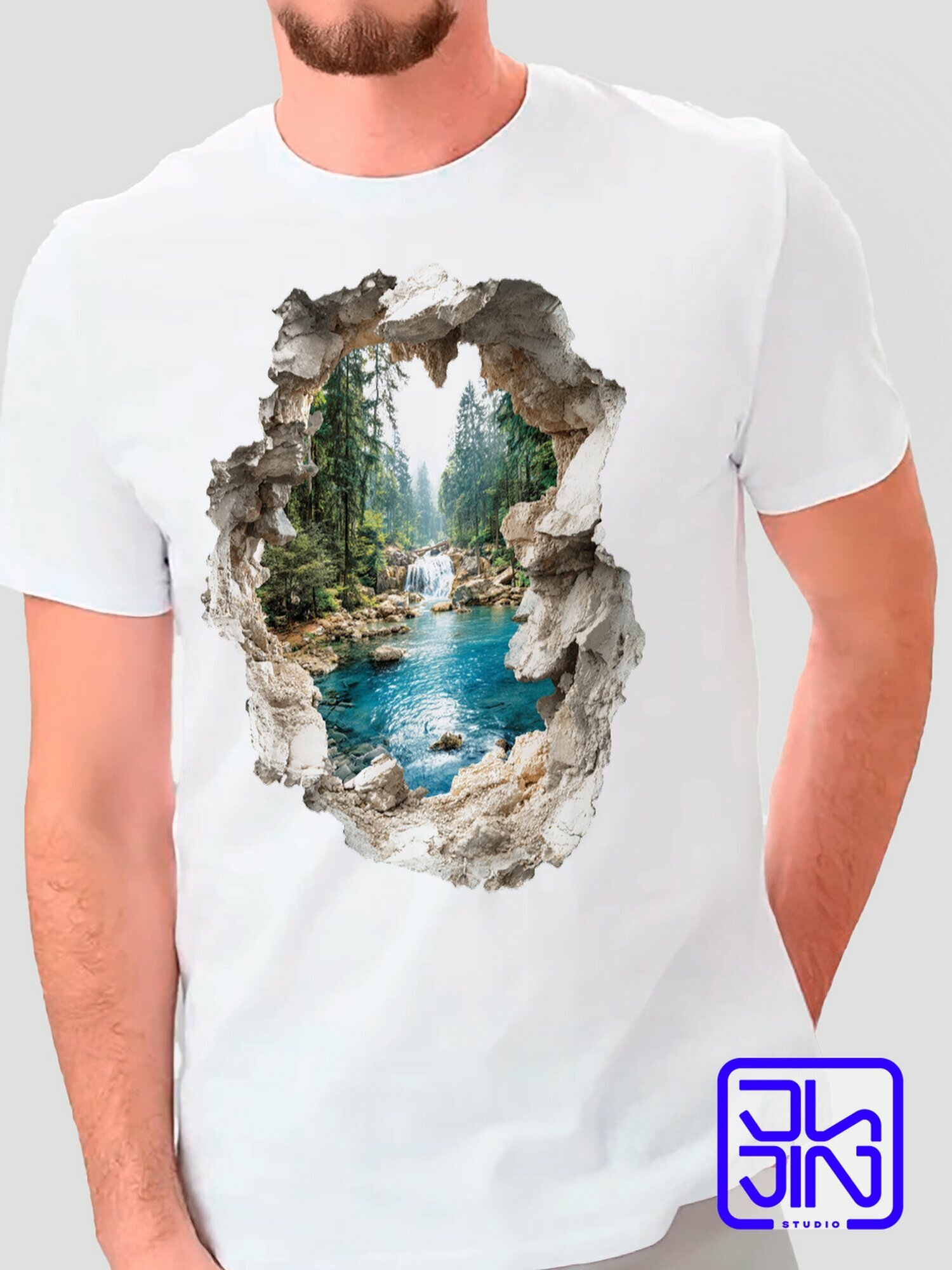 Футболка классическая мужская с авторским принтом Креативный бирюзовый водопад в выразительном голубом лесу и живой природе, белый хлопковый трикотаж с прикольным рисунком на груди