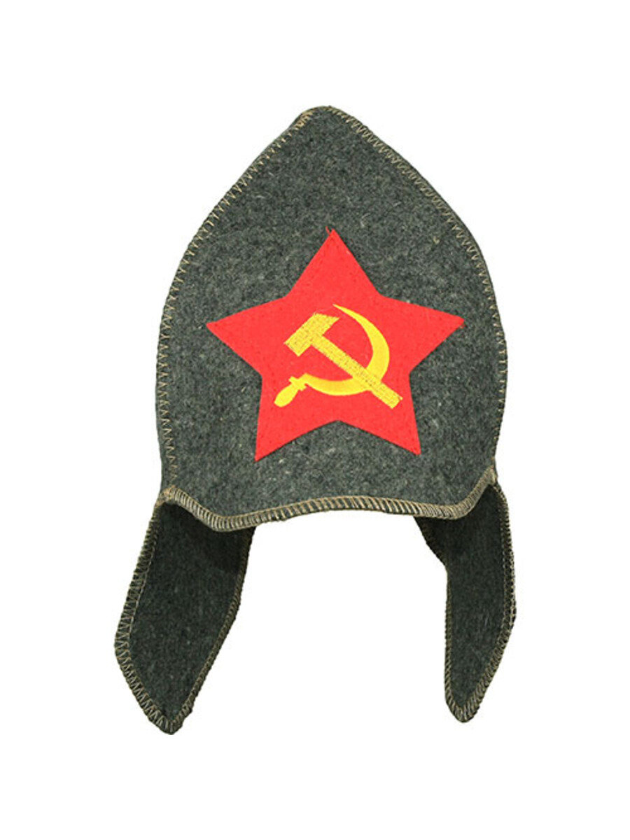 Буденовка рушер "Серп и молот" (серая), для бани, мужская, 100 % шерсть