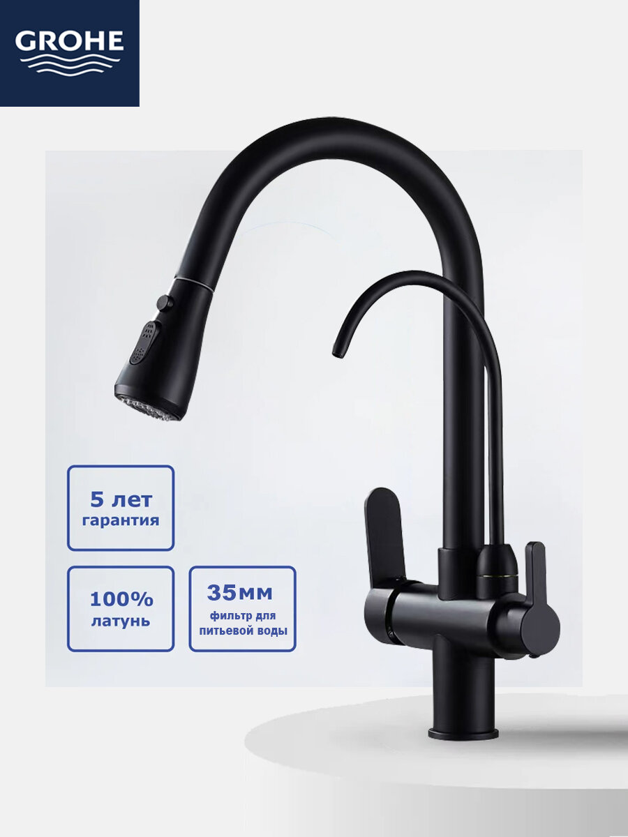 GROHE Смеситель для кухни с выдвижным гибким изливом кран чёрный