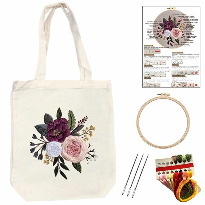 1 комплект вышитой холщовой сумки DIY material bag-белый