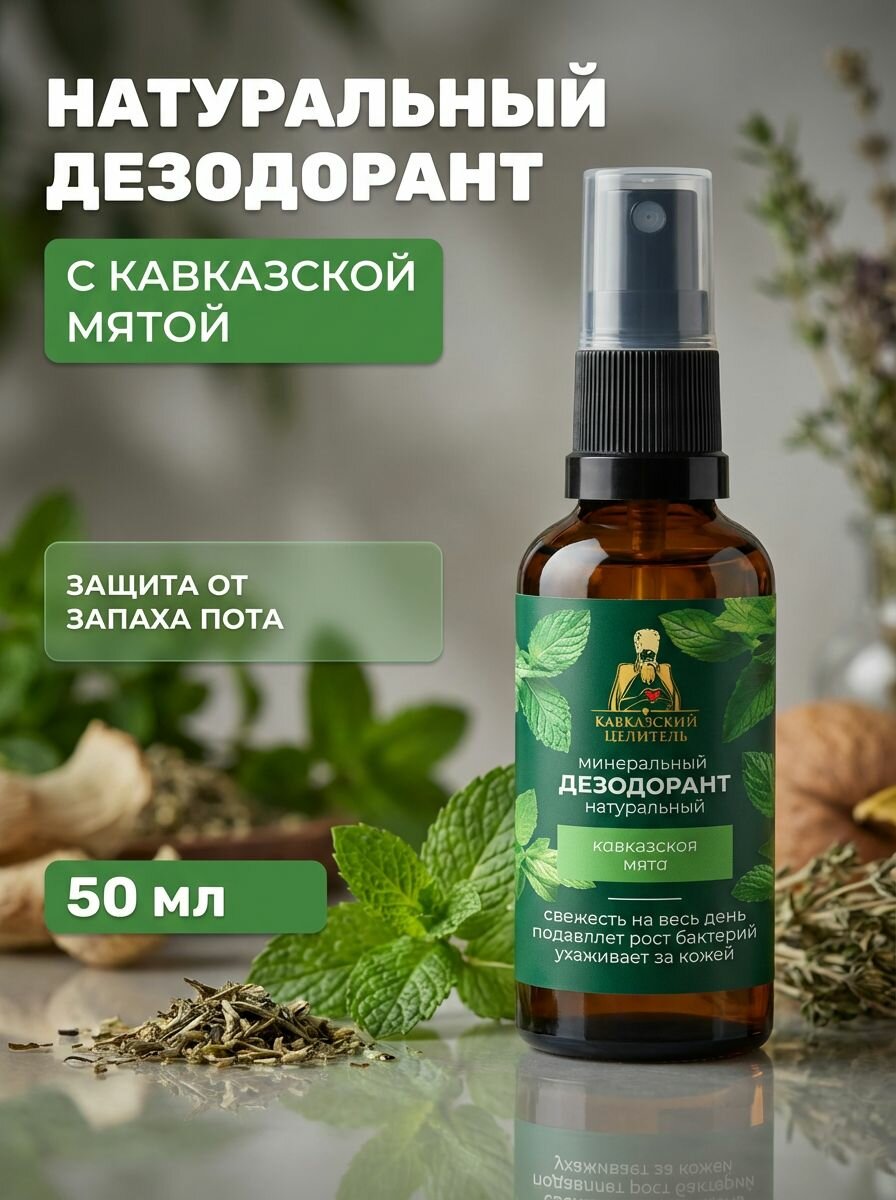 Дезодорант Кавказская мята натуральный минеральный с алоэ вера и тамбуканской грязью, 50 мл