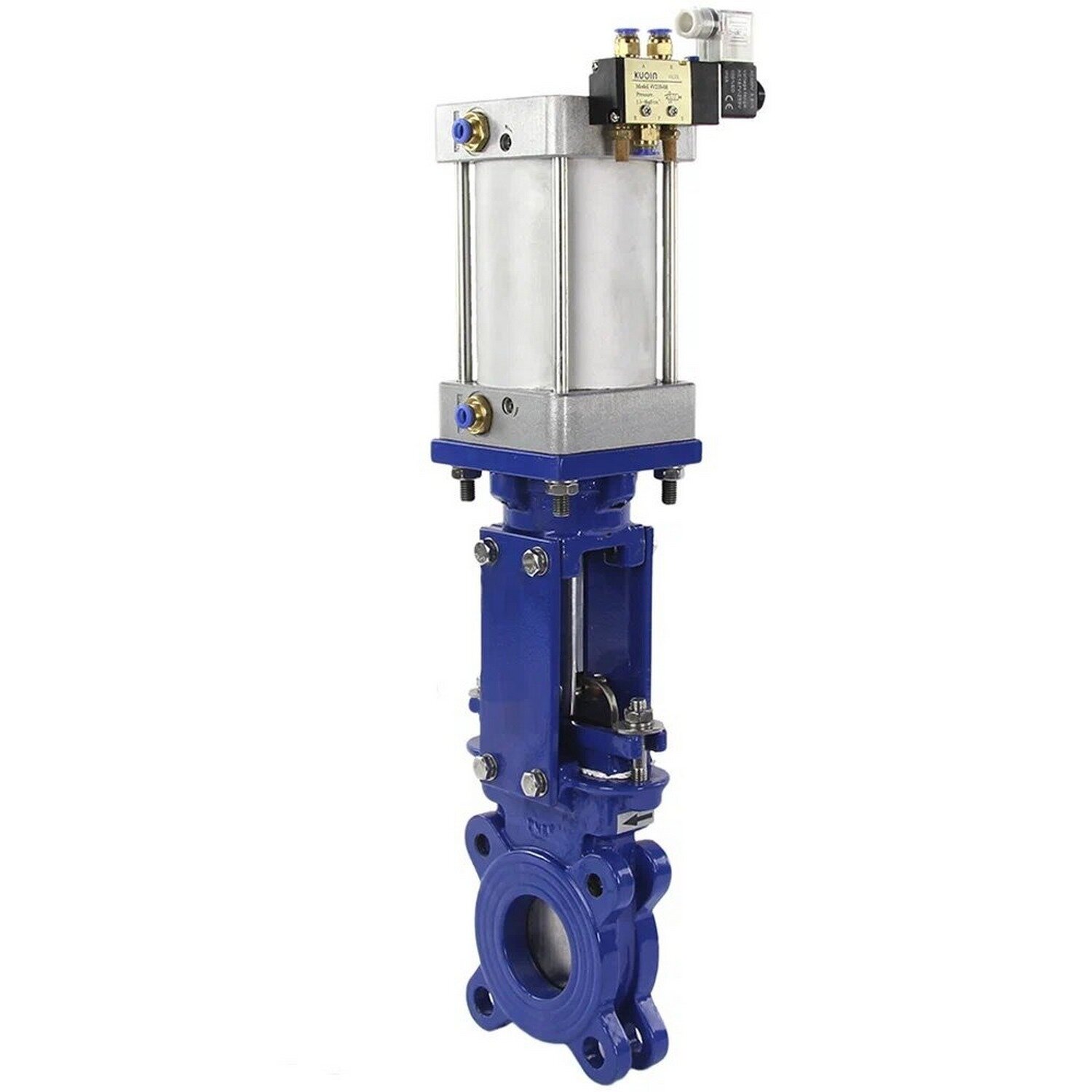 Задвижка шиберная ножевая DN.ru GGG40-SS304-EPDM-2W-DA Ду50 Ру10, межфланцевая, клин - однодисковый, шпиндель - выдвижной, корпус - чугун, EPDM, с пневмоприводом, пневмораспределителем PND3-S1EM-52-1NC-J08-24VDC