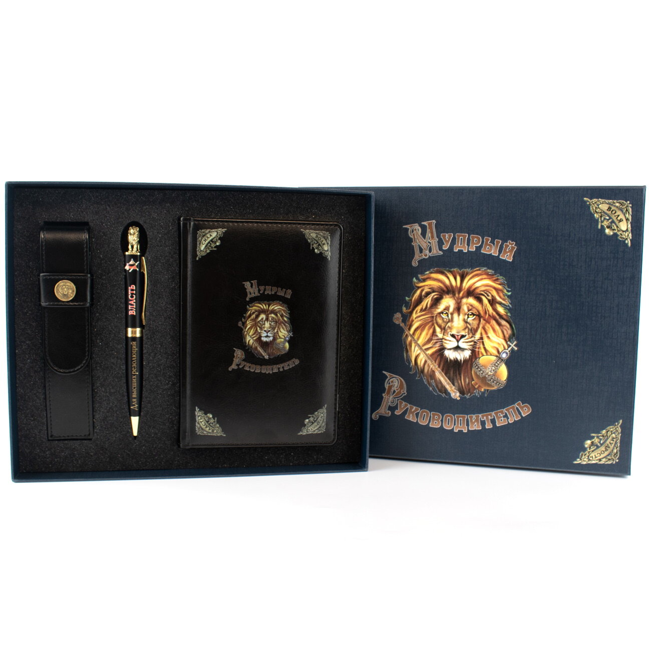 Ручка «Лев» с блокнотом и чехлом в футляре, черная РБЧ-01Ч-лев