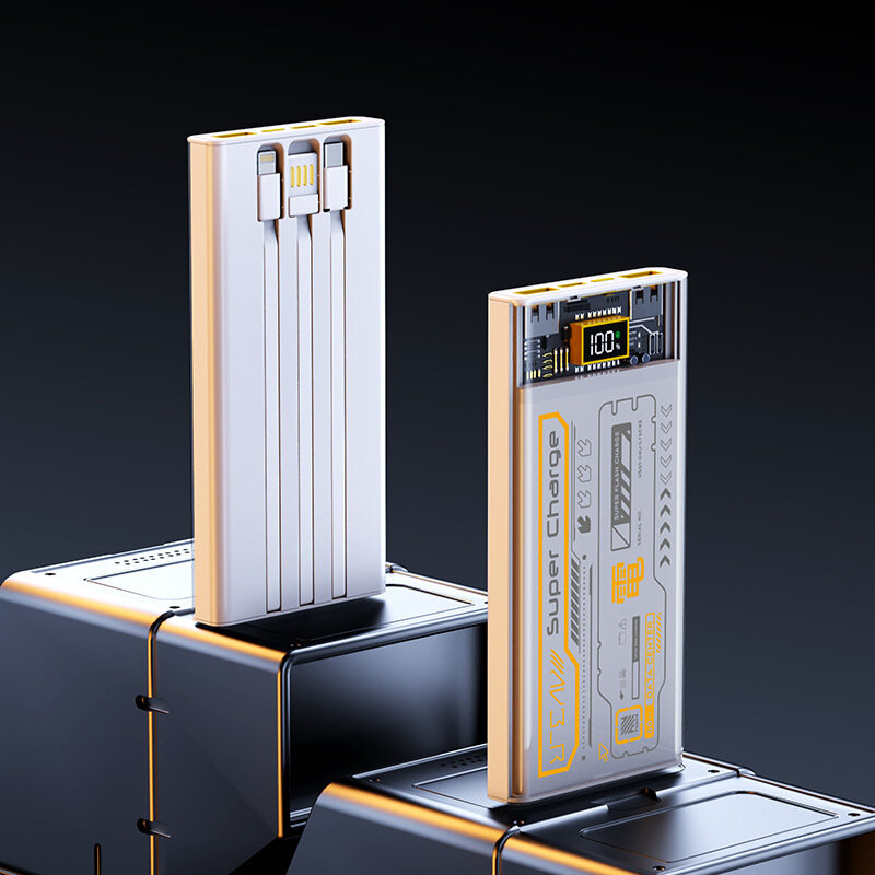 Нитрид галлия, 100 Вт, сверхбыстрая зарядка, прозрачный корпус в стиле панк, 1/ 20k мАч, внешний аккумулятор со встроенным кабелем, мобильный источник питания.